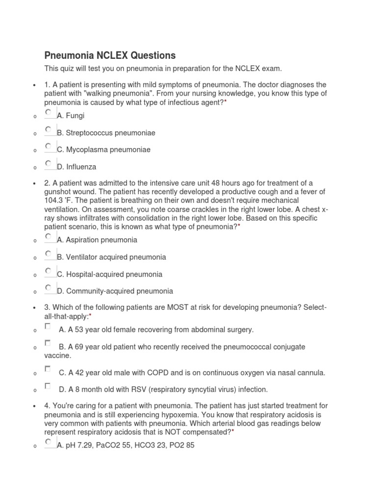 NCLEX Pneumonia Practice Questions | PDF | Pneumonia | Microbiology