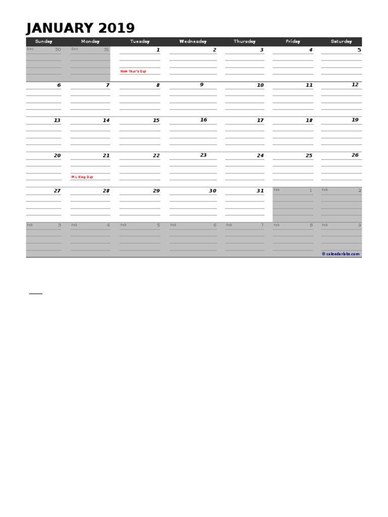 2019 Monthly Calendar Excel Template 04 | PDF | Observances | Holidays