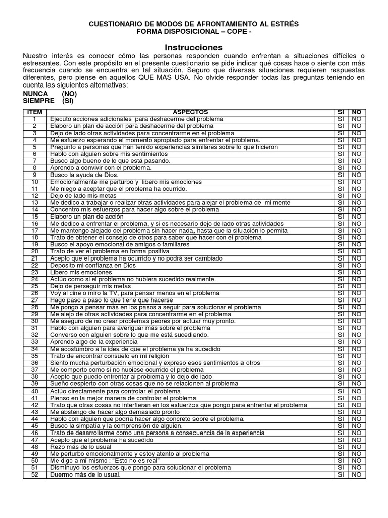 Cuestionario Cope | Cuestionario | Las emociones