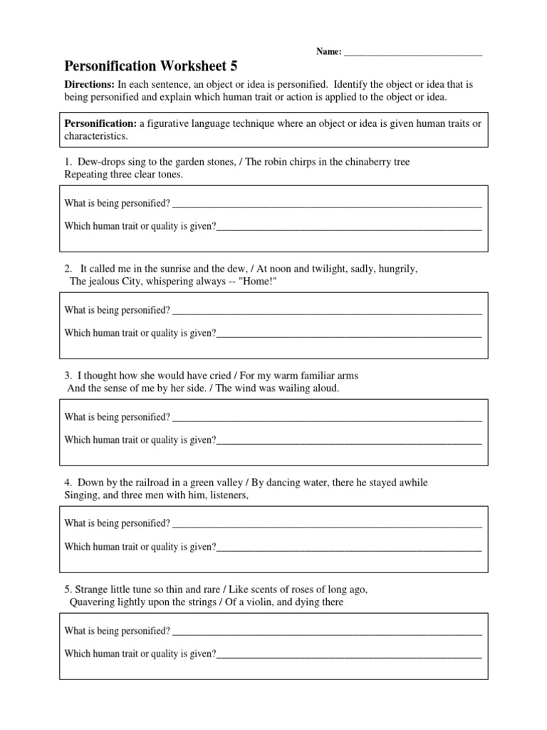 Personification Worksheet 5 | PDF