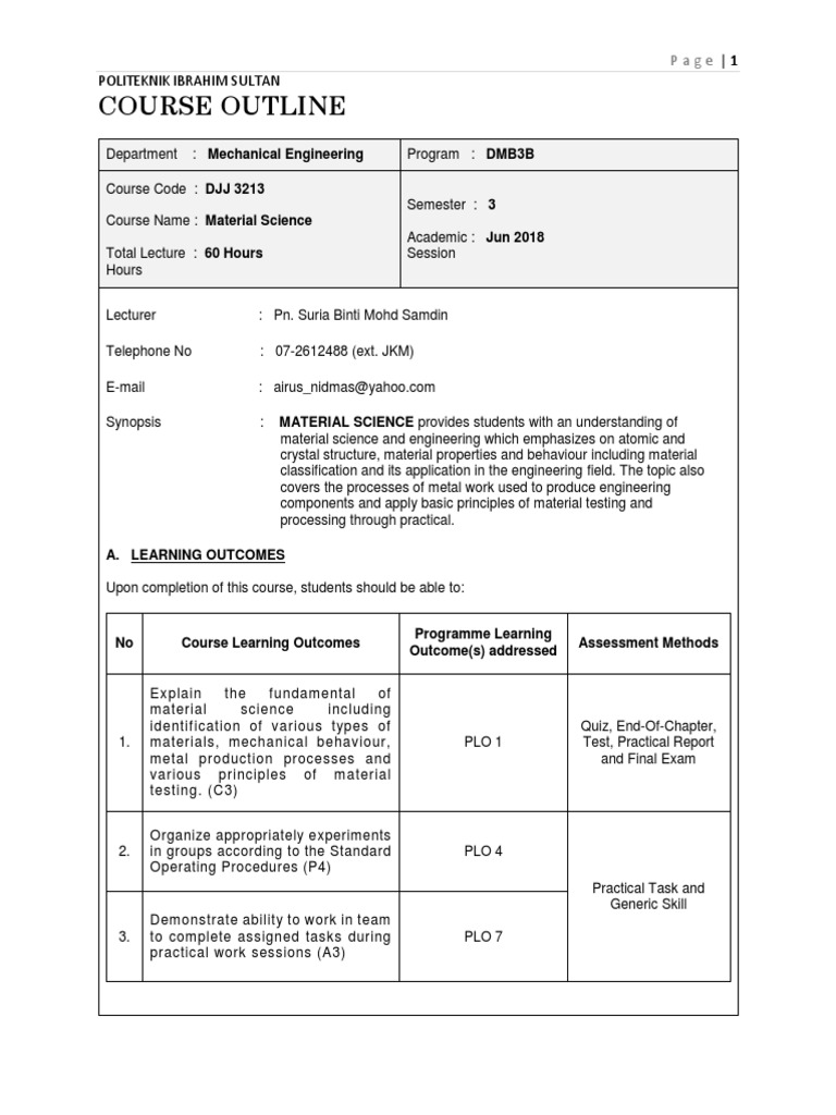 Course Outline - DJJ3213 Material Science | PDF | Metals | Solid