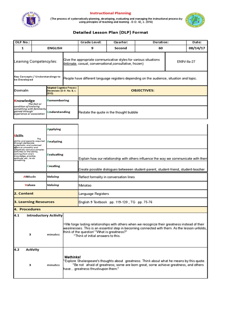 Detailed Lesson Plan (DLP) Format: Learning Competency/ies | PDF | Neuropsychological Assessment ...
