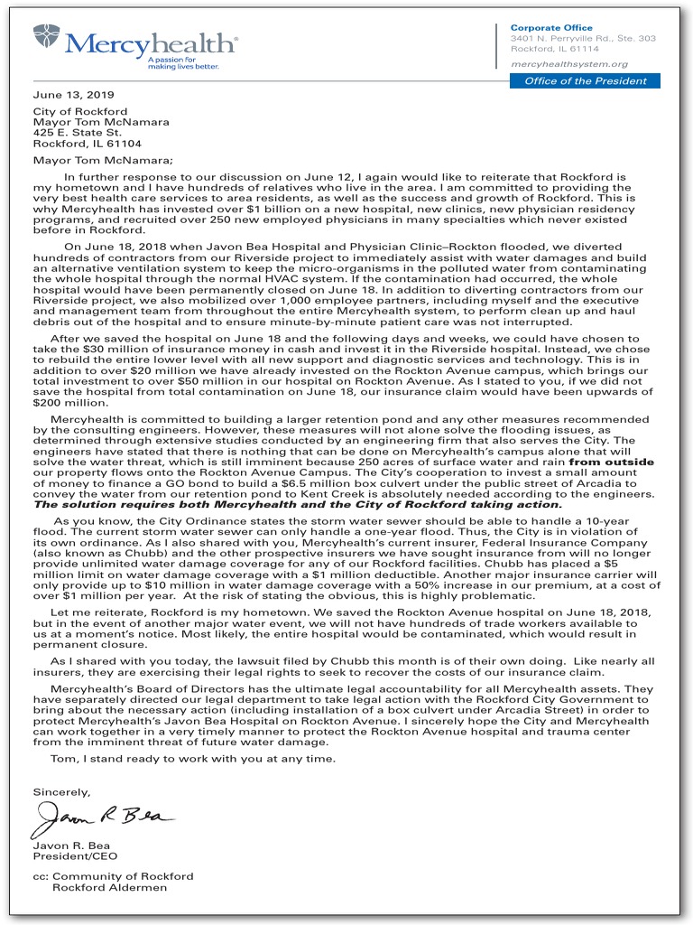 Letter From Mercyhealth President CEO Javon Bea | PDF | Stormwater ...