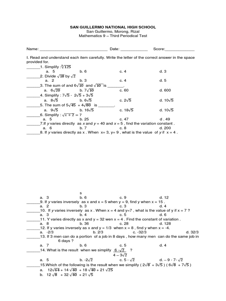 Math 9 Periodical Test Guide | PDF | Teaching Mathematics