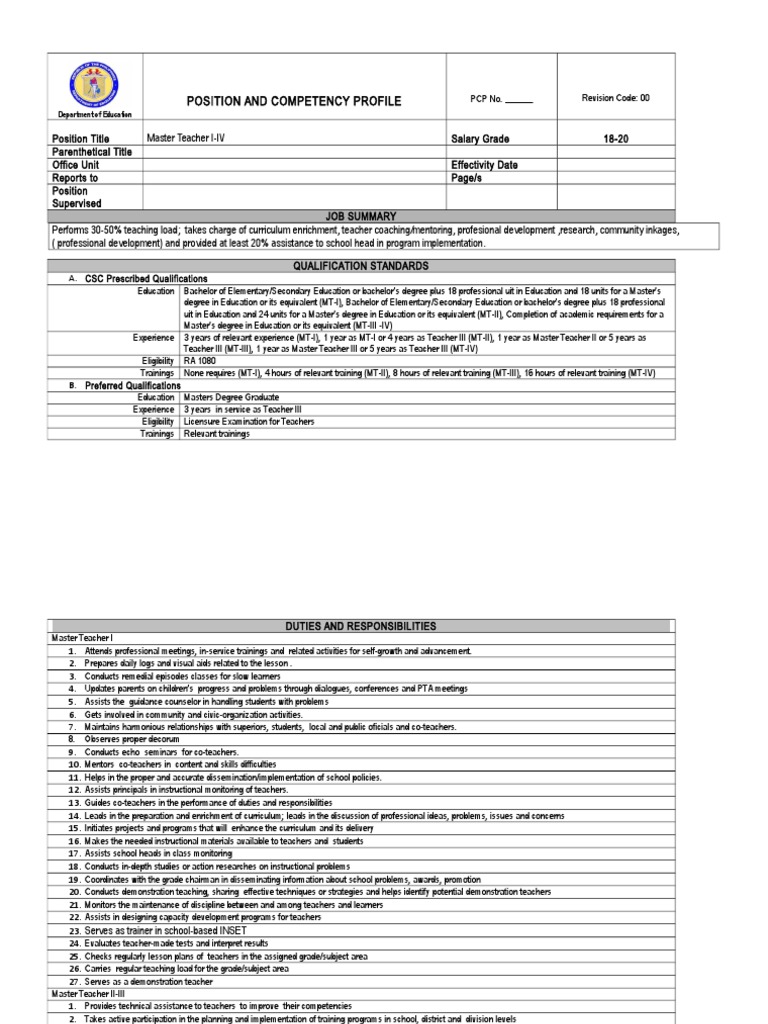 Master Teacher I-IV Position Overview | PDF | Academic Degree | Teachers