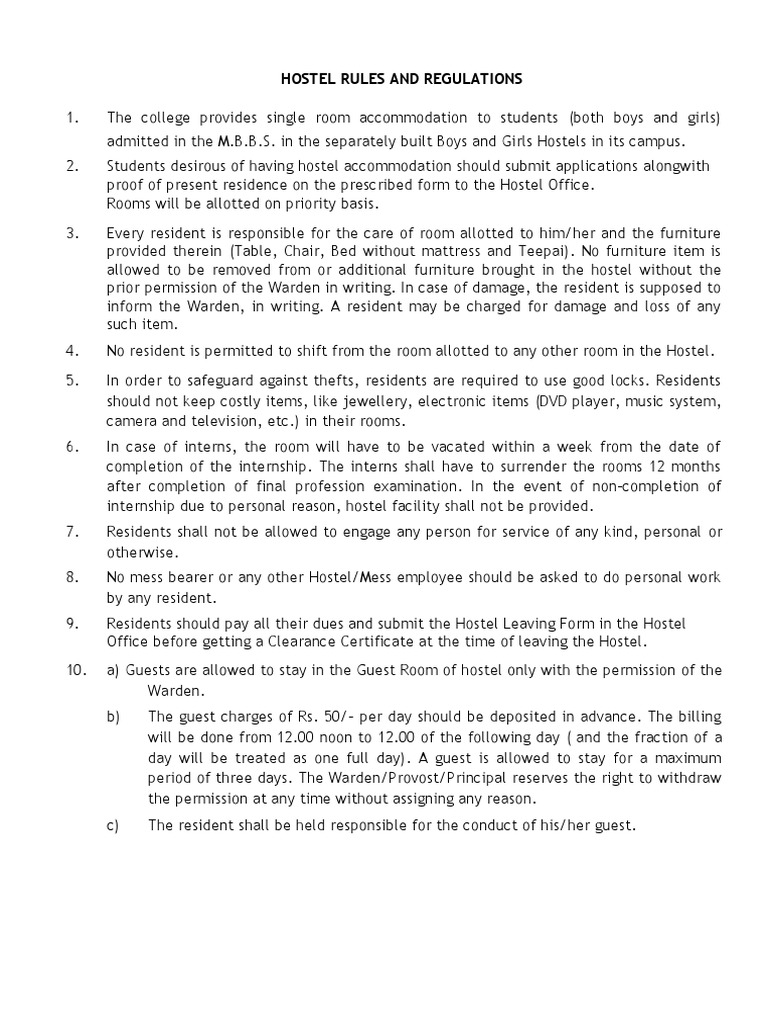 Hostel Rules and Regulations | PDF | Hostel | Fee