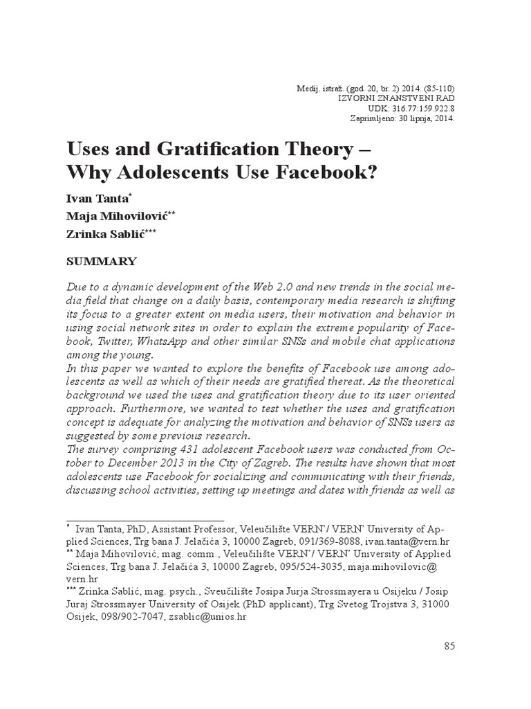 Uses and Gratification Theory | PDF | Adolescence | Facebook