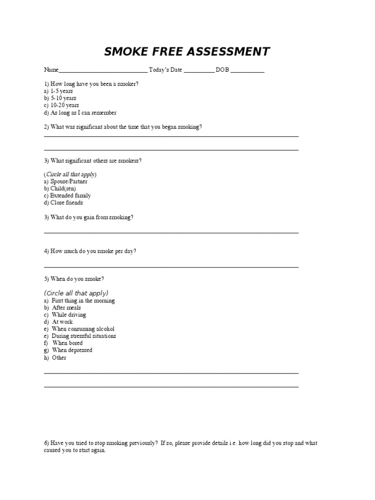 Smoke Free Assessment: (Circle All That Apply) | PDF | Smoking ...