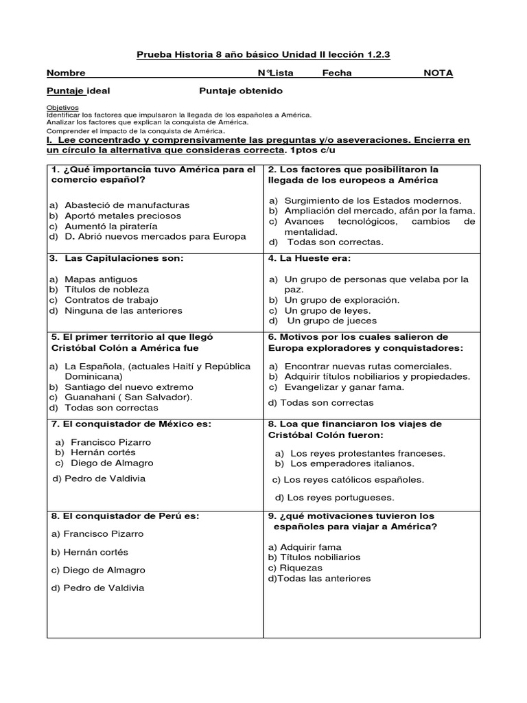 Prueba Historia 8° Básico Unidad II | PDF | Francisco Pizarro | Américas