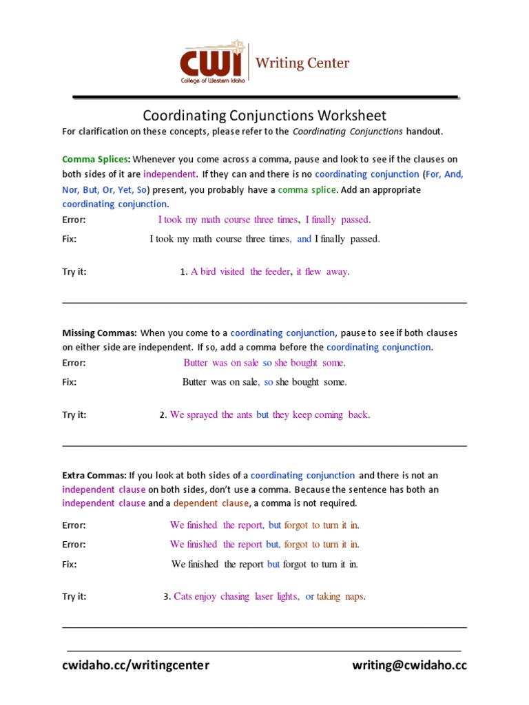 Coordinating Conjunctions Worksheet: Comma Splices | PDF | Comma | Grammar