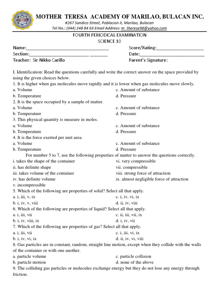 Mother Teresa Academy of Marilao, Bulacan Inc | PDF | Gases | Reaction Rate