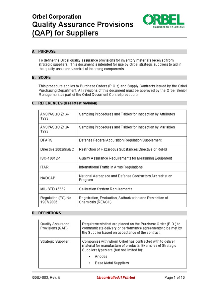 Quality Assurance Provisions (QAP) For Suppliers: Orbel Corporation ...