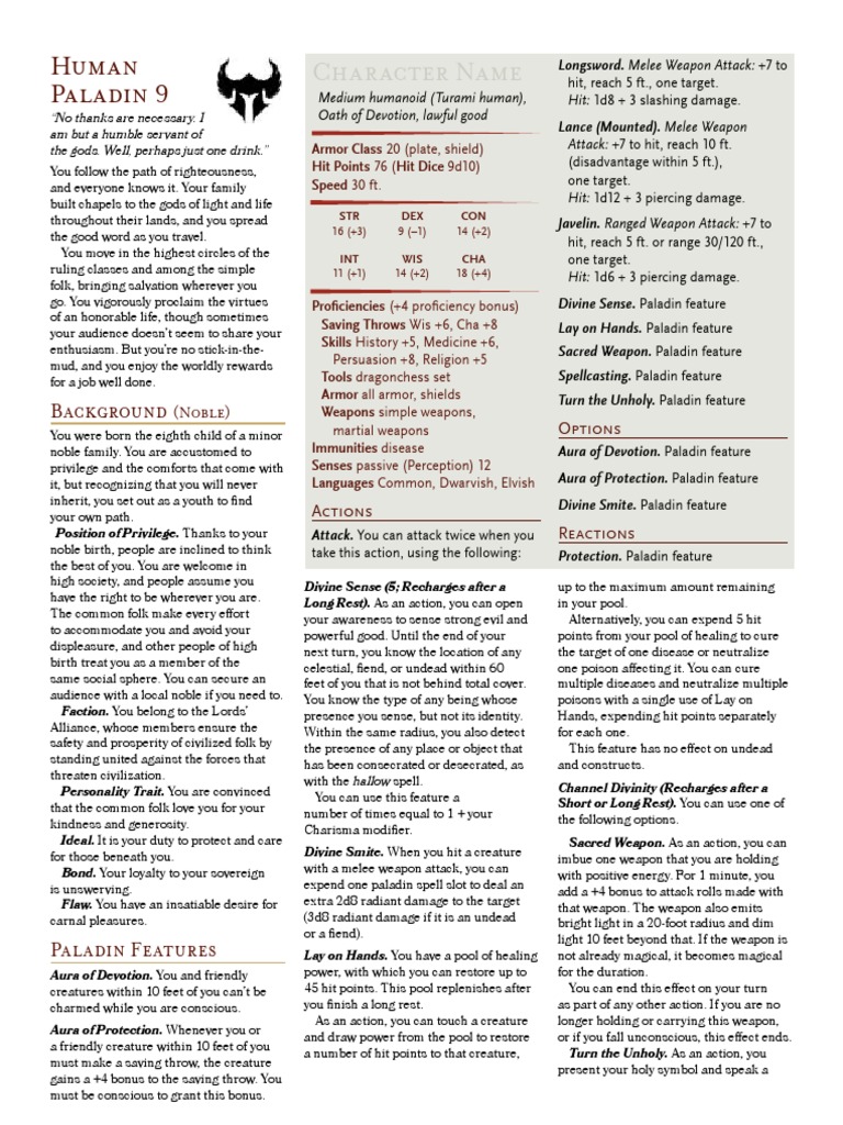 Paladin character sheet with stats, features, spells and mount | PDF