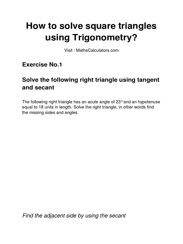Trigonometry Exercises - Solving Right Triangles | PDF | Trigonometric ...