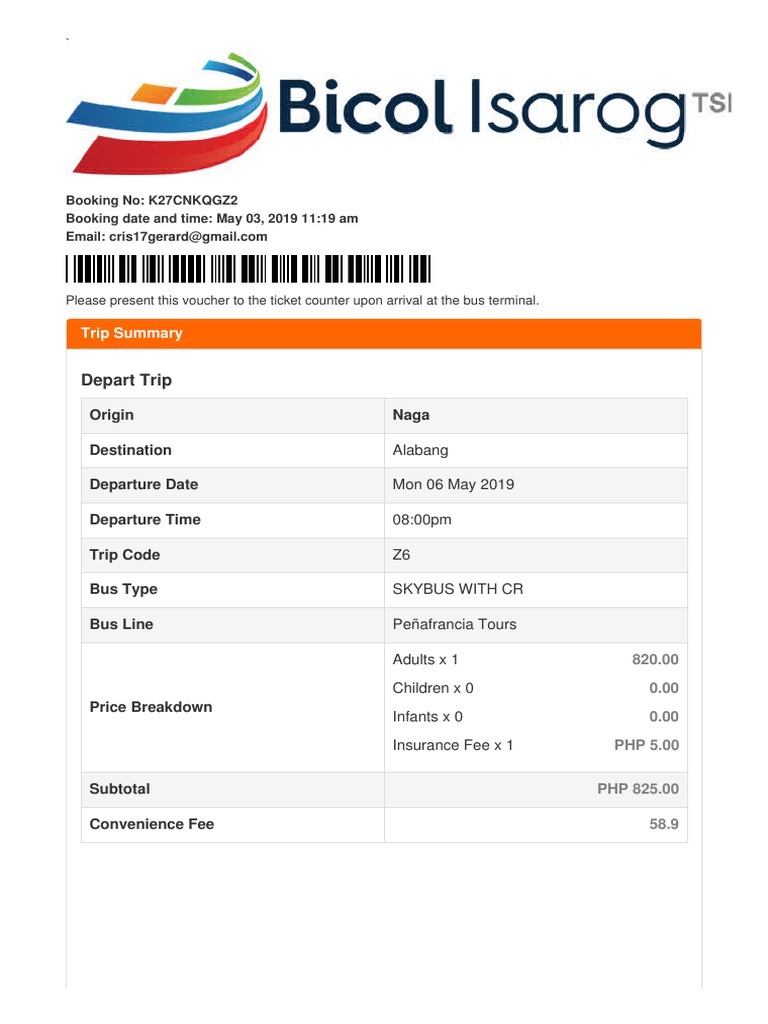 Bus Ticket from Naga to Alabang | PDF | Ticket (Admission) | Government