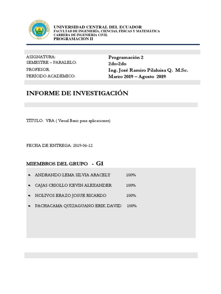 Informe de Investigación - Vba | PDF | Visual Basic para Aplicaciones | Básico