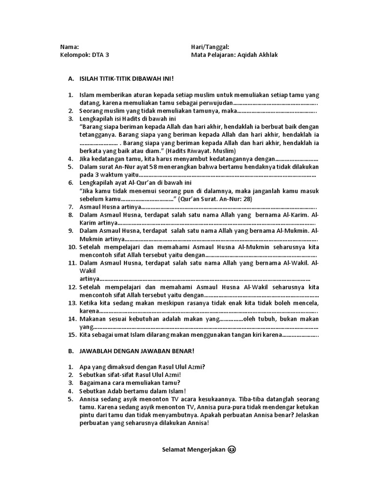 Soal Aqidah Dta 3 | PDF