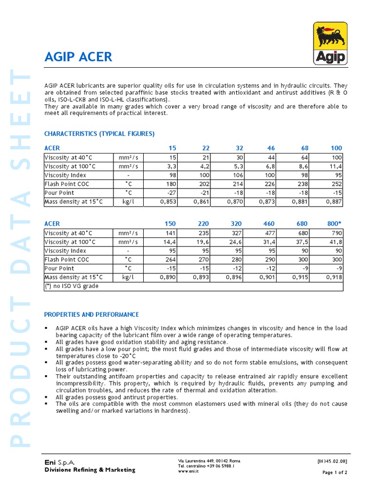 Versatile Industrial Lubricants: Technical Data Sheet for AGIP ACER ...