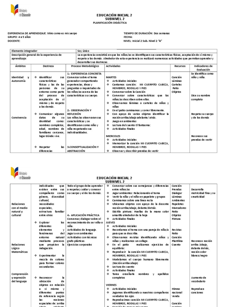 1 Planificacion Semanal Inicial 2 | PDF | Dibujo | Educación de la ...