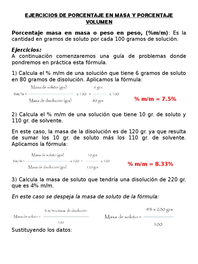 Ejercicios de Porcentaje en Masa y Porcentaje Volumen | PDF | Concentración | Hidrógeno