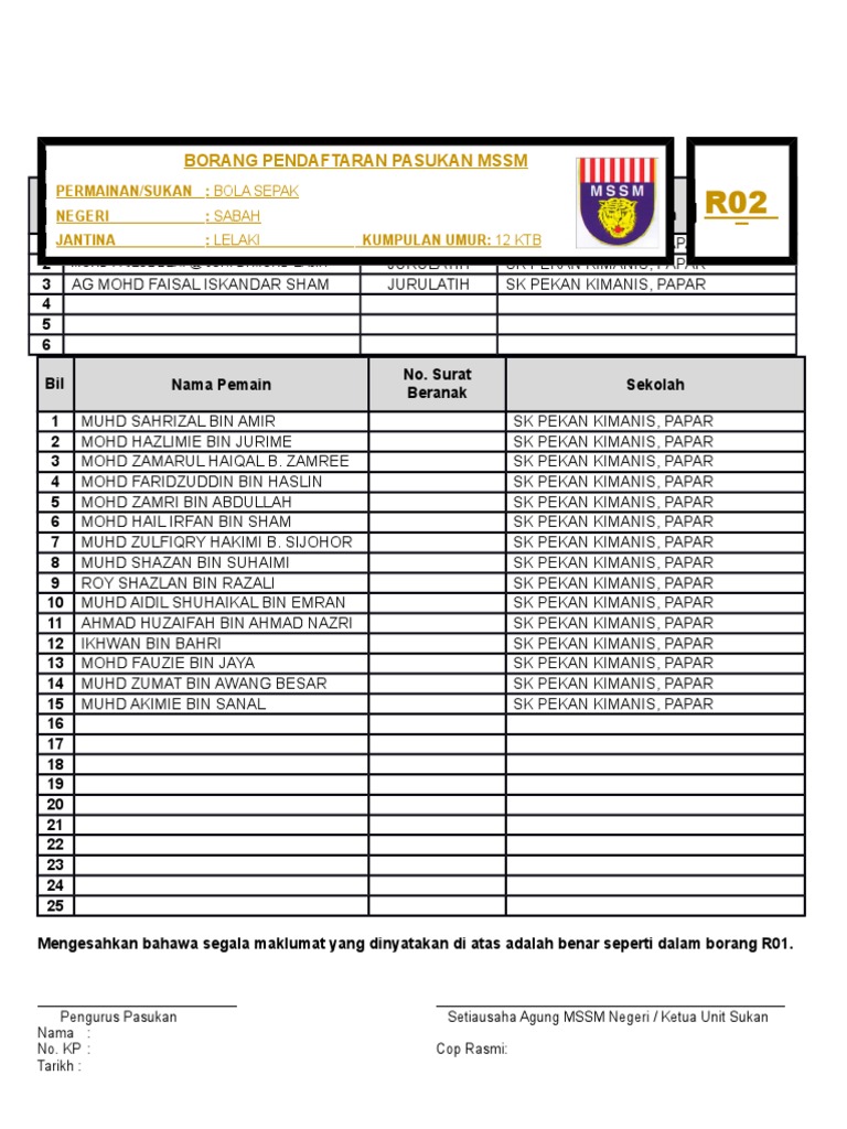 Borang R02 Bola Sepak | PDF
