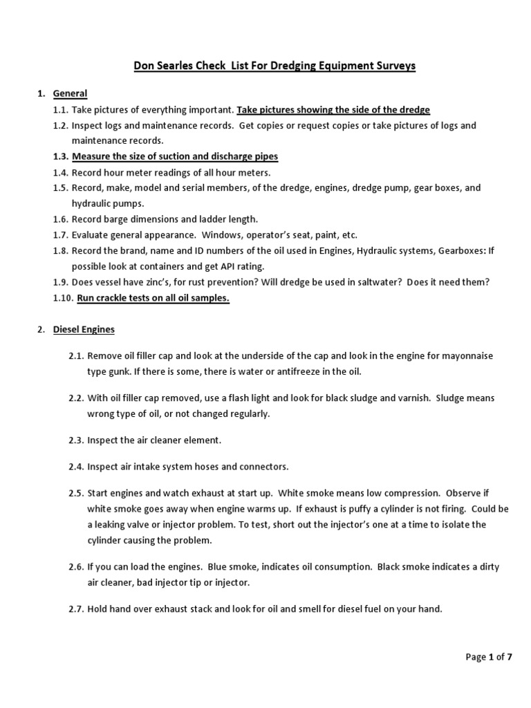 Checklist. For Dredging Equipment Surveys | PDF | Dredging | Valve