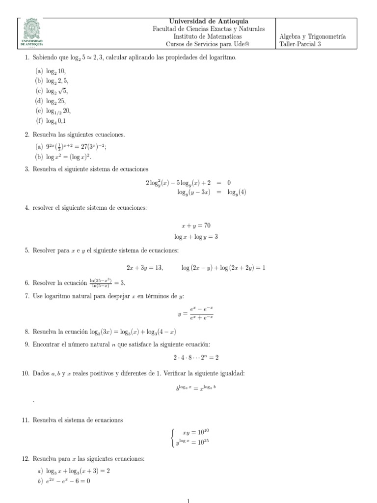 Taller-Parcial 3: Logaritmos y Trigonometría | PDF | Velocidad | Logaritmo