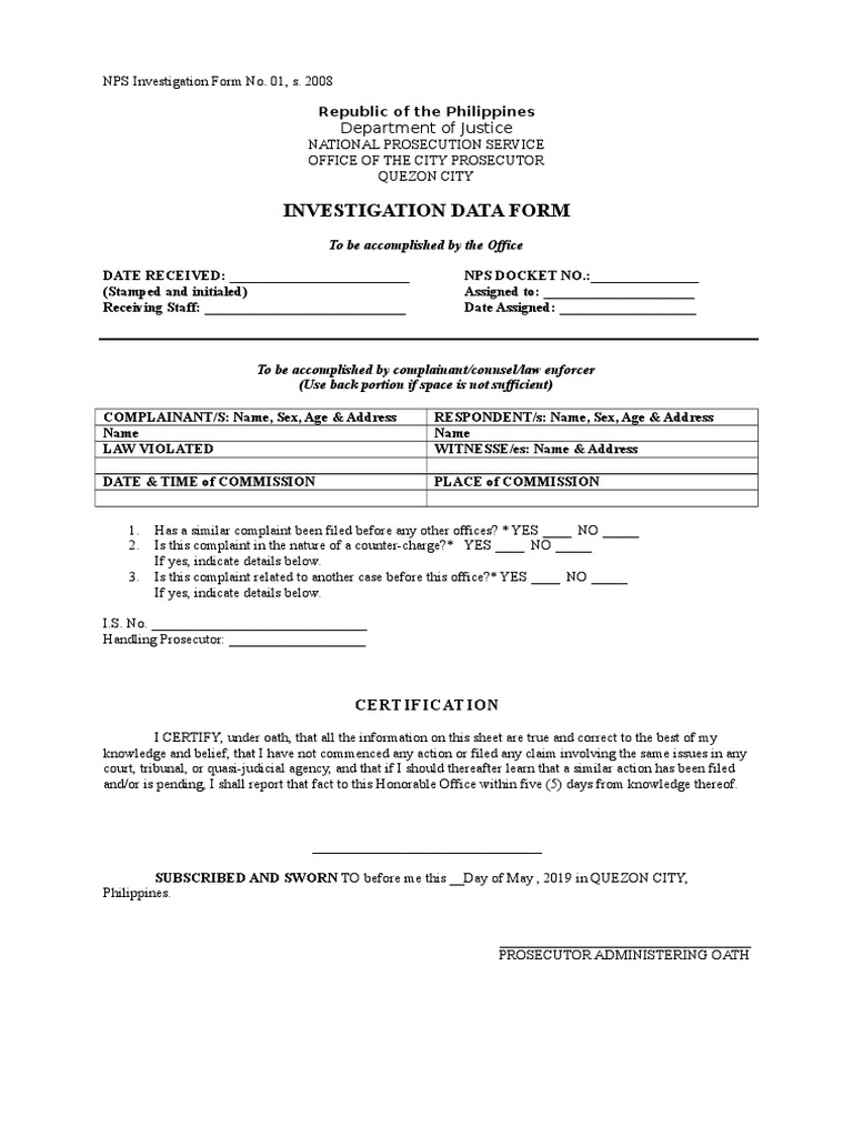 Investigation Data Form: Department of Justice | PDF | Prosecutor ...