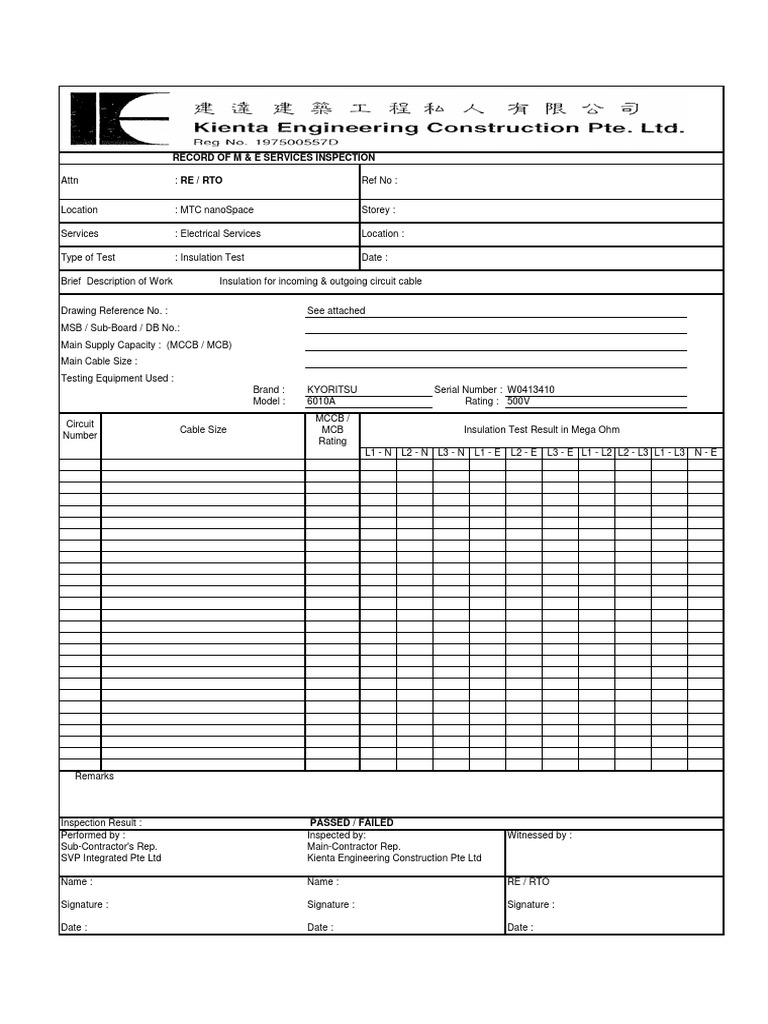 Insulation Test Form | PDF