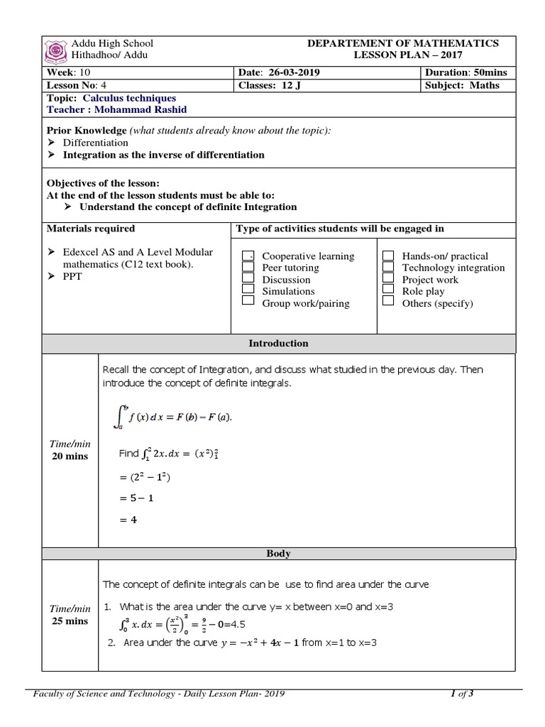 Week11 LP3-4 Week 11 Lesson Plan | PDF | Lesson Plan | Integral