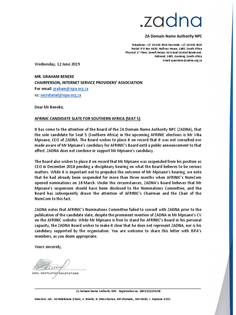 Letter To ISPA (And Others) From ZADNA Chair Regarding Suspended CEO ...