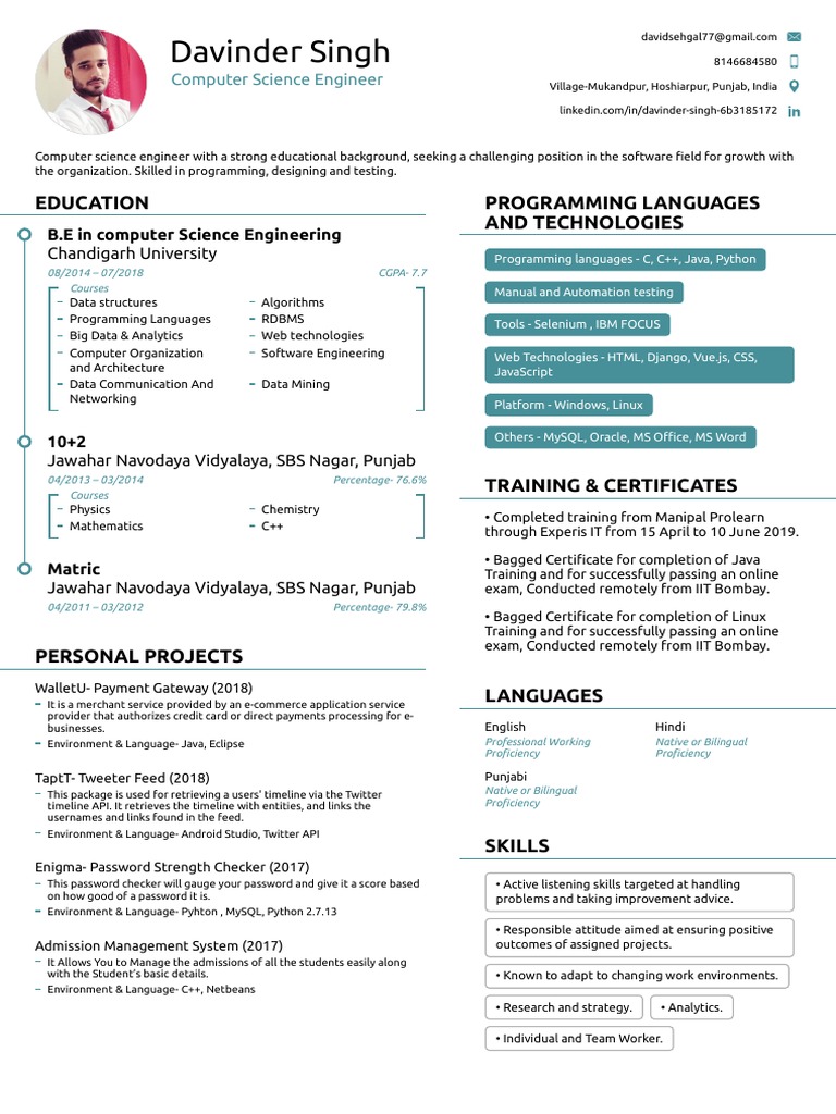 Davinder Singh: Education Programming Languages and Technologies | PDF | Computer Programming ...