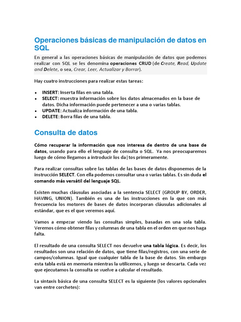 Operaciones Básicas de Manipulación de Datos en SQL | PDF | SQL | Tabla ...