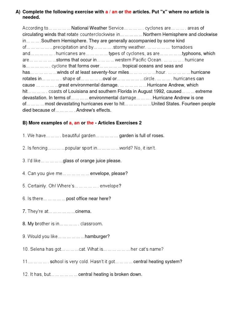 A / An The: A) Complete The Following Exercise With or Articles. Put "X ...