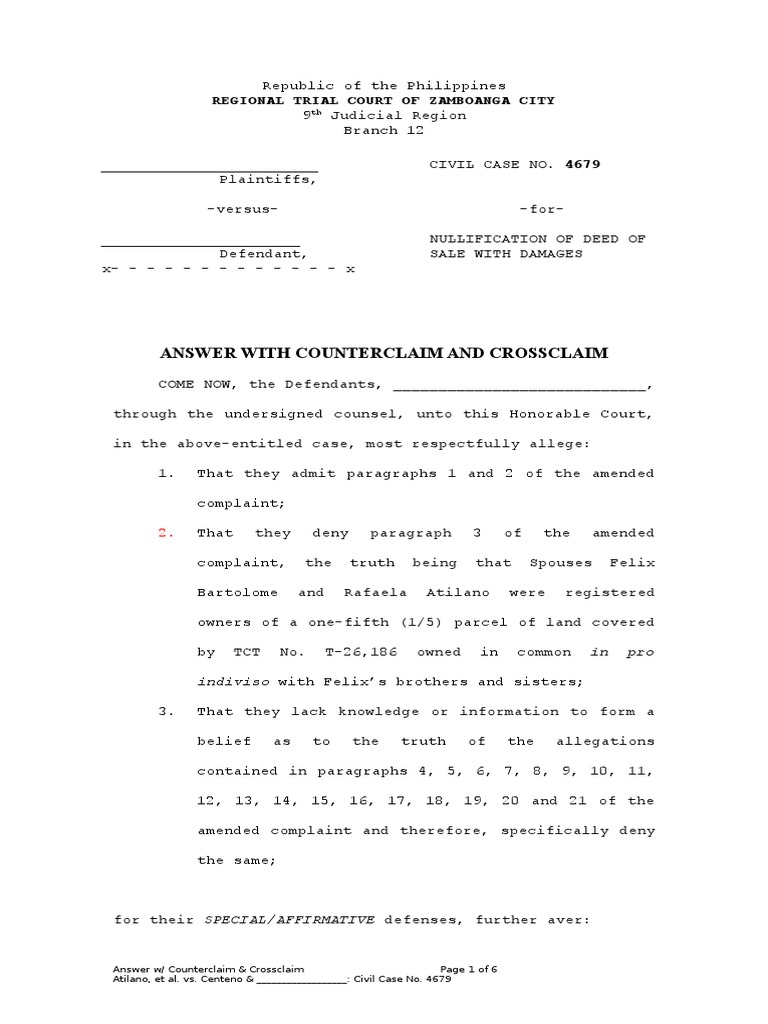 Answer With Crossclaim | PDF | Lawsuit | Damages