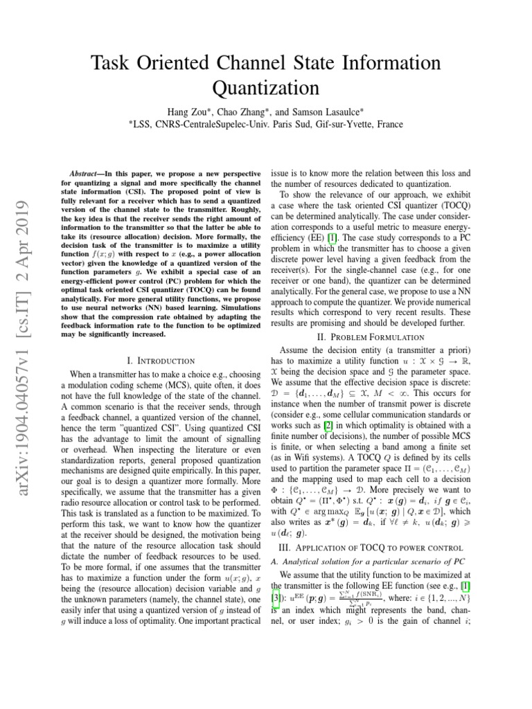 Task Oriented Channel State Information Quantization | PDF | Mathematical Optimization ...