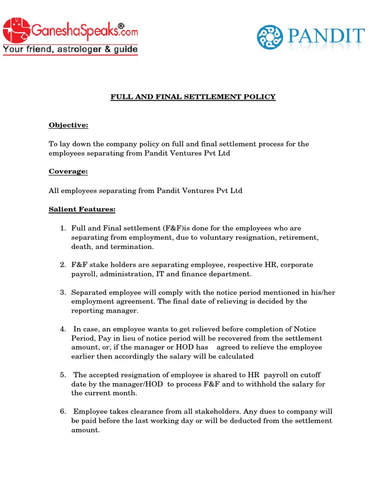 Full & Final Settlement Policy | PDF | Payroll Tax | Payments