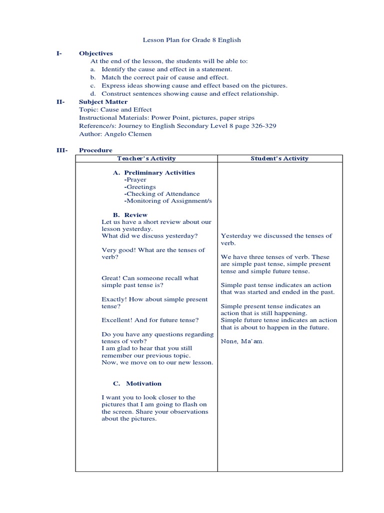 Cause and Effect Detailed Lesson Plan | PDF | Causality | Grammatical Tense
