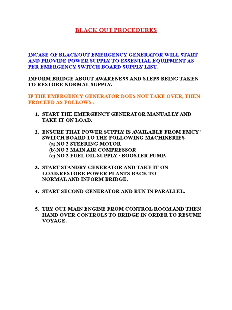 Blackout Recovery Procedures on Ship | PDF | Technology & Engineering ...