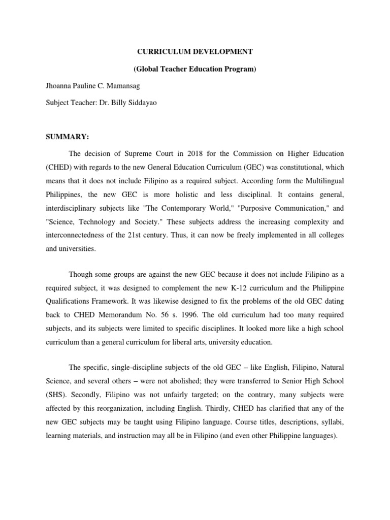 Summary Curriculum Devt | PDF | Curriculum | Philippines