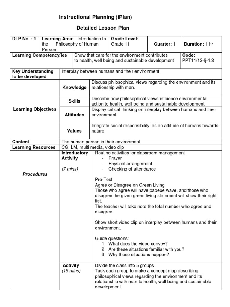 Instructional Planning (Iplan) Detailed Lesson Plan: (7 Mins) | PDF ...