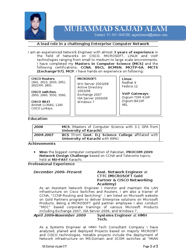 CV Sajjad Network Engineer | PDF | Cisco Certifications | Cisco Systems