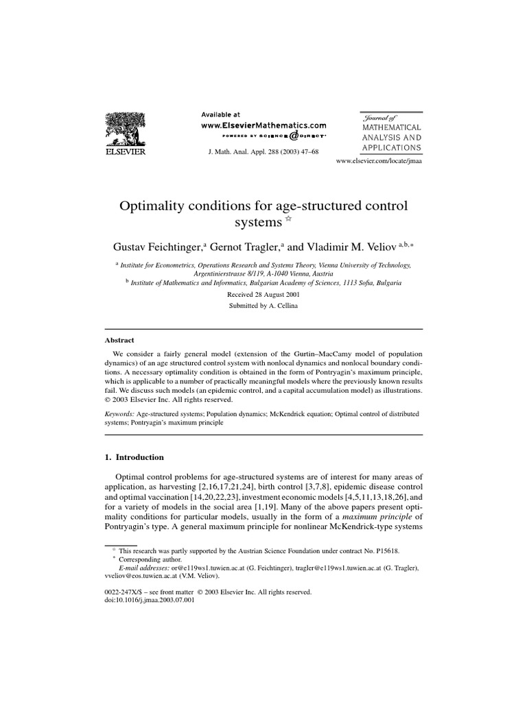 Optimality Conditions For Age-Structured Control Systems: Gustav Feichtinger, Gernot Tragler ...