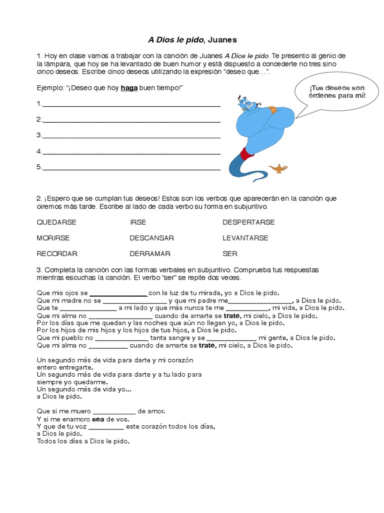 Ejercicios de Subjuntivo con Juanes | PDF | Artes del Lenguaje y ...