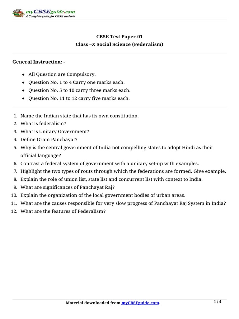 10 Social Science Civics Test Paper Ch2 1 | PDF | Federalism ...