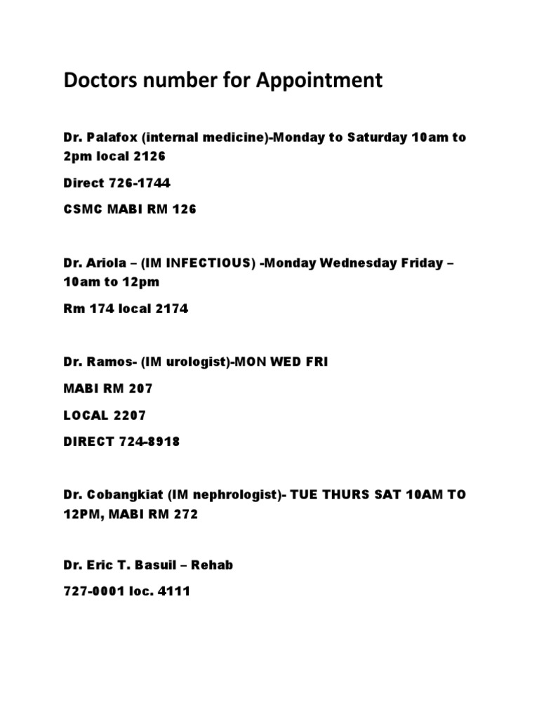 Doctors Number For Appointment | PDF