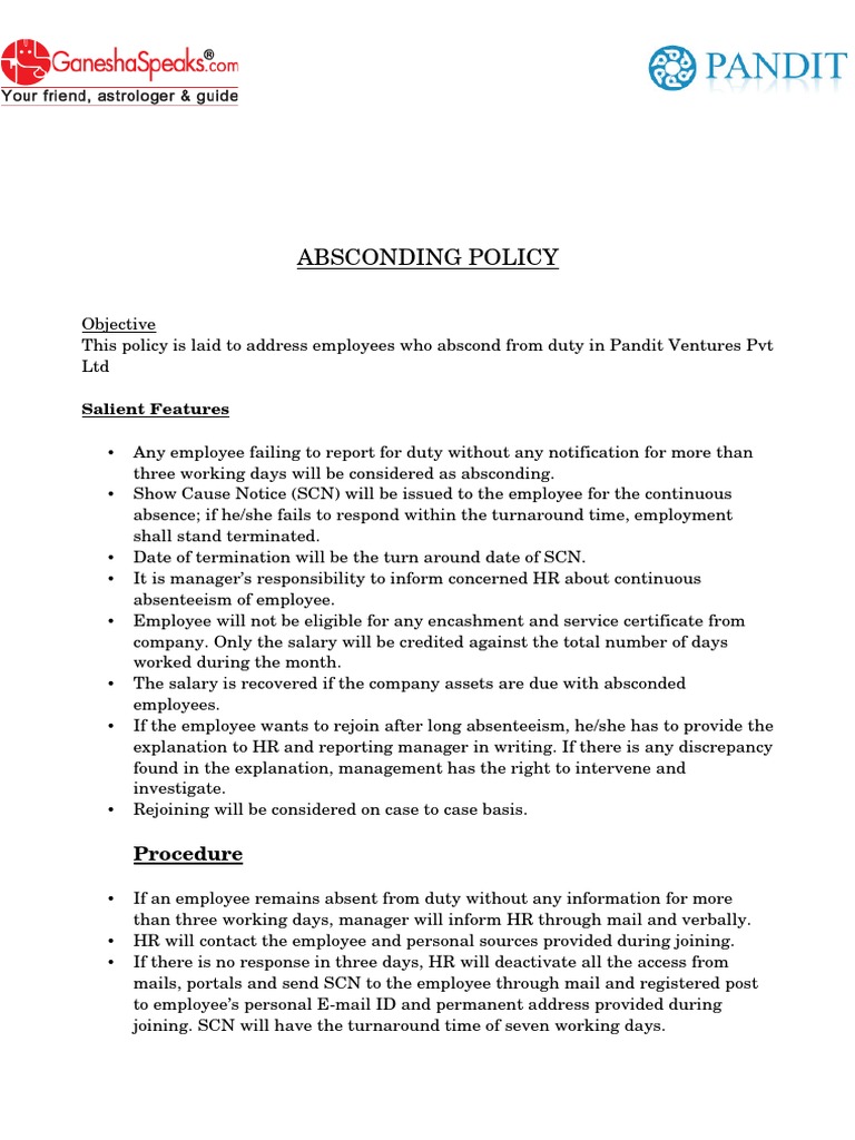 Absconding Policy | PDF | Government | Government Information