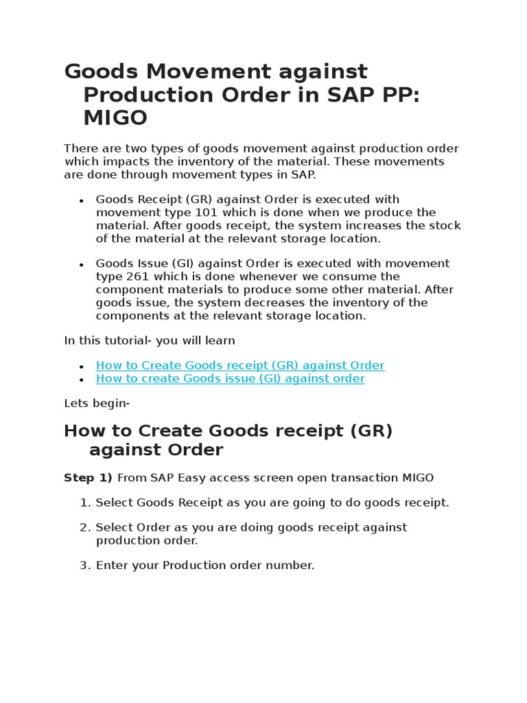SAP PP - Goods Movement Against Production Order | PDF | Receipt ...