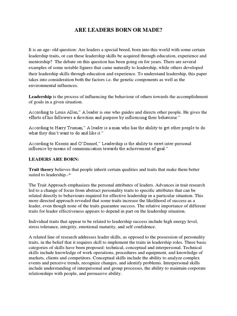 Are Leaders Born Or Made Pdf Leadership Epistemology