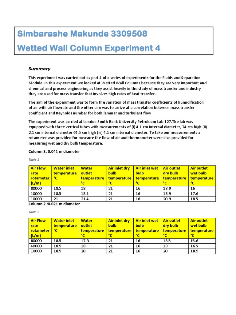 Wetted Wall Column Experiment 4 | PDF | Reynolds Number | Fluid Dynamics